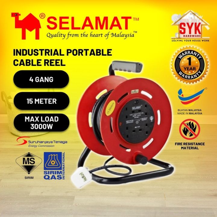 SYK SELAMAT 4 Gang 15 Meter Portable Extension Cable Reel Plug Wire ...