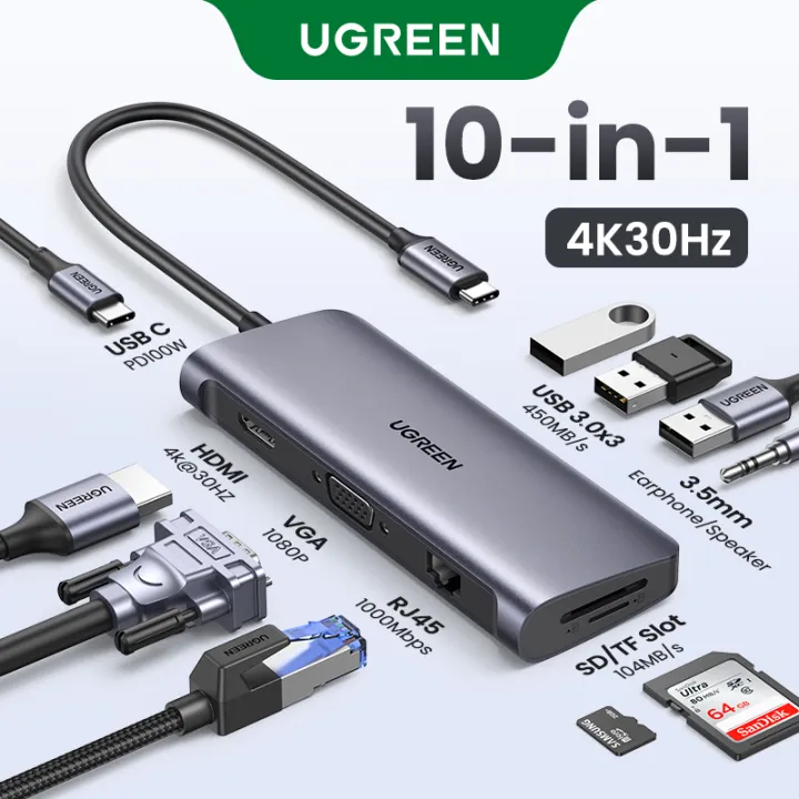UGREEN USB C Hub 10-IN-1 USB C Dongle Ethernet Docking Station with 4K 30Hz HDMI VGA 100W Power ...