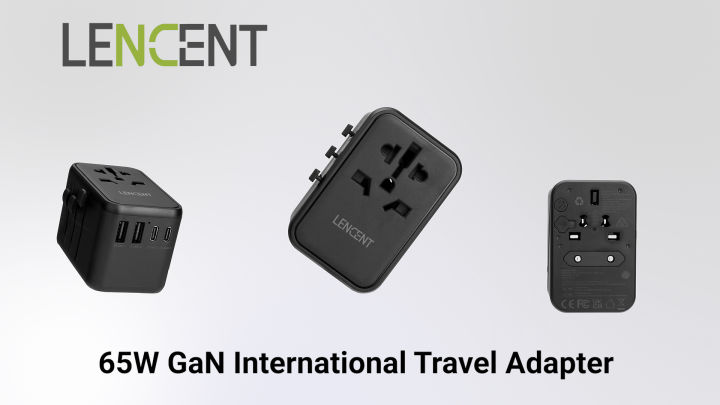 LENCENT GaN III 65W Universal Travel Adapter, International Charger with 2 USB Ports & 3 USB-C ...