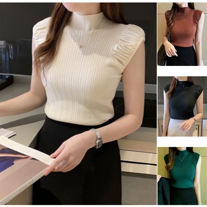 Women’s Close Neck Knitted Blouse Sleeveless Knitted Top TurtleNeck Top ...