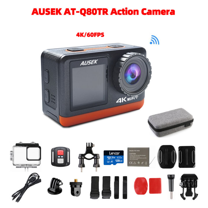 Ausek AT-Q80TR Action Camera 4K 60FPS 170° Wide Angle Fish-eye Lens Dual Screen 30M Waterproof ...