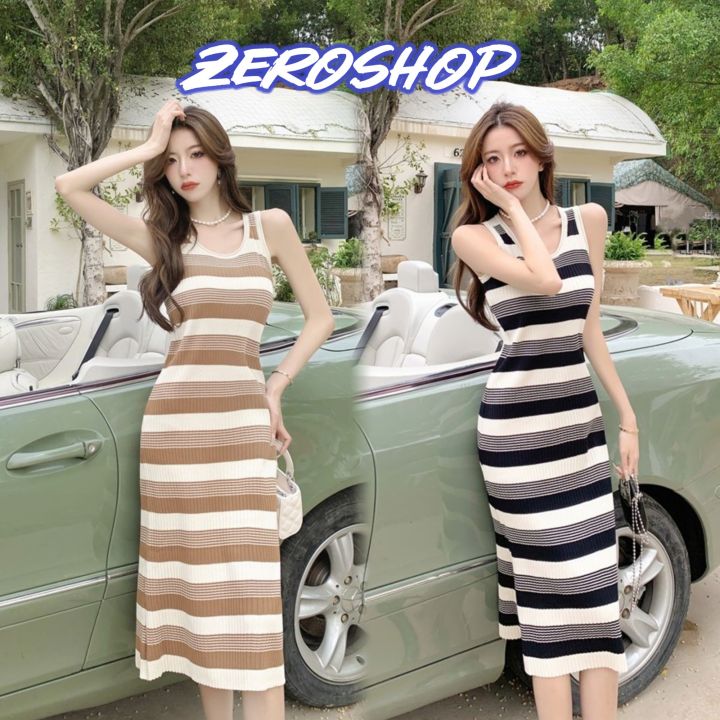 Zero shop🐰พร้อมส่ง🐰 (Zero-A578) ชุดเดรสไหมพรมแขนกุด ดีเทลลายทาง รัดรูปใส่สบายมาก -C | Lazada.co.th