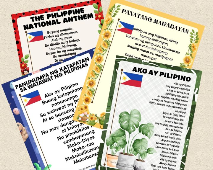 A4 size Random Colorful Design Panatang Makabayan, Lupang Hinirang ...