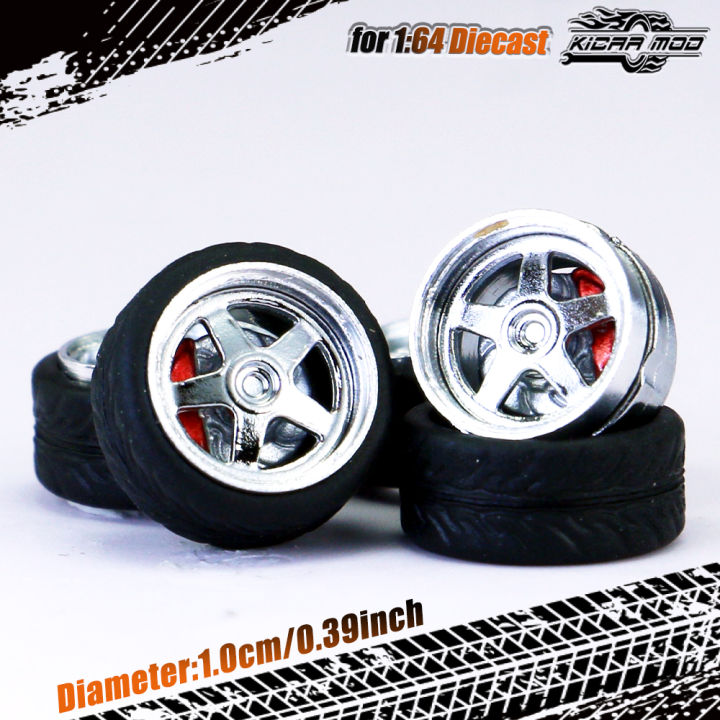 Kicarmod 1/64 Model Car ABS Wheels with Rubber Tire Brake Disc Metal Rims Diameter 10mm ...
