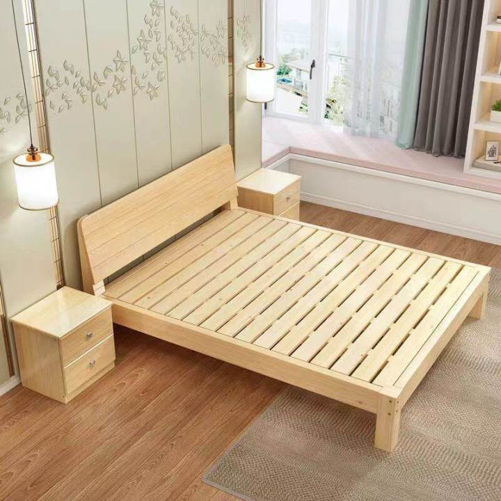 Bed Frame Thicken Solid Wood Bed With Drawer Single/Queen/King Economic ...