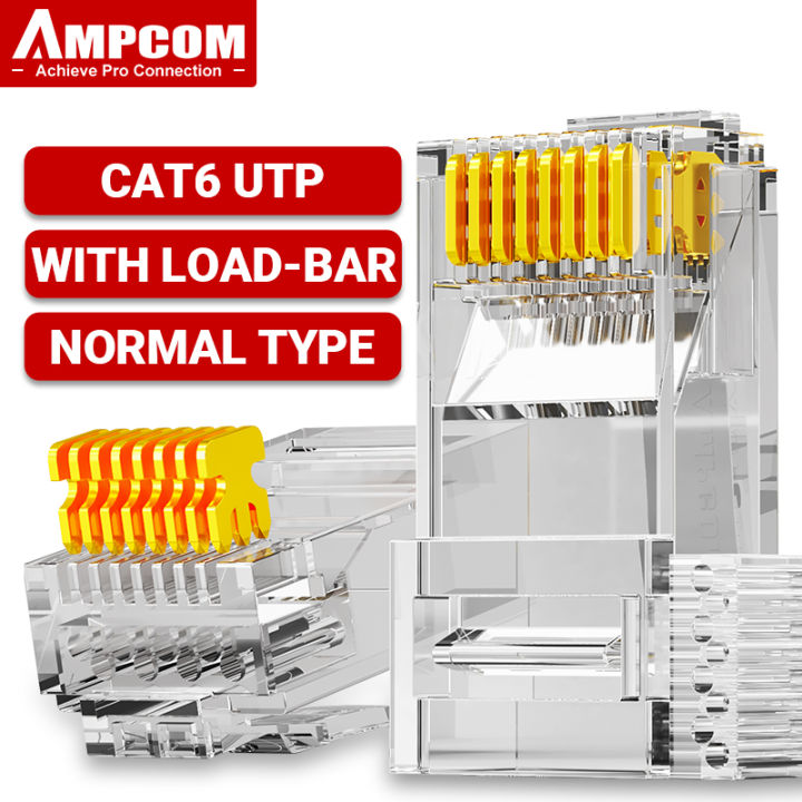AMPCOM CAT6 RJ45 Modular Plug Connector: UTP 50μ Gold-Plated Split-Type ...