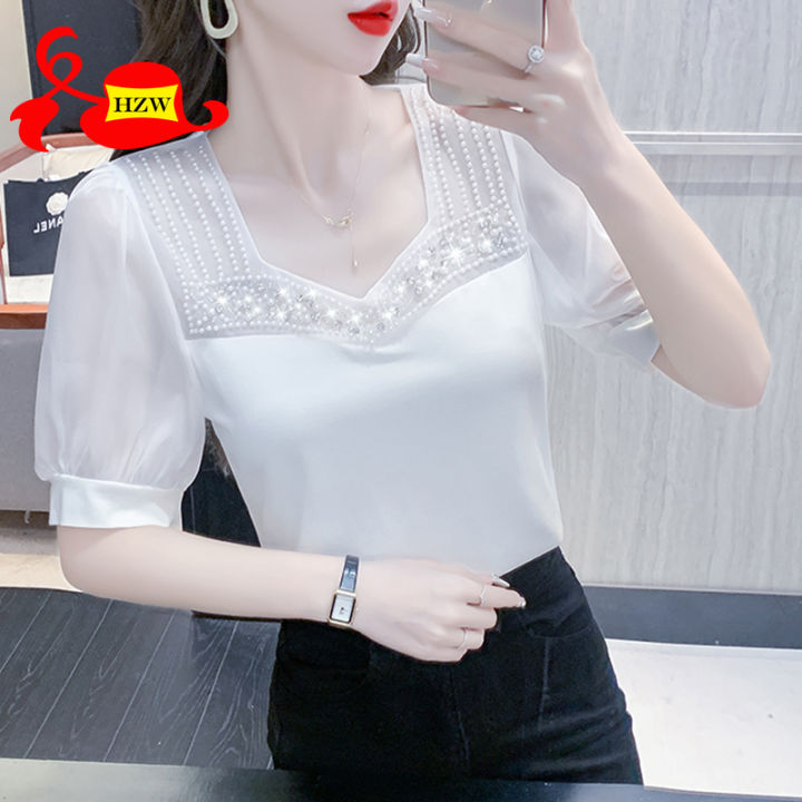 HZW 2023 Short Sleeve Women's Summer Splicing Beads Sweet Square Neck Bubble Short Sleeve ...