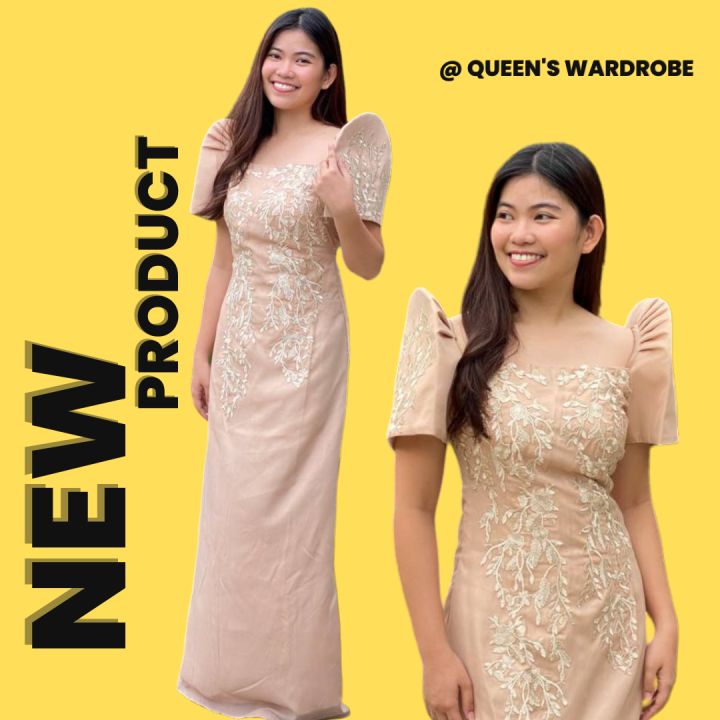 Filipiniana Long Gown Chiffon Serpentina Cut Beige/Cream "Vines ...