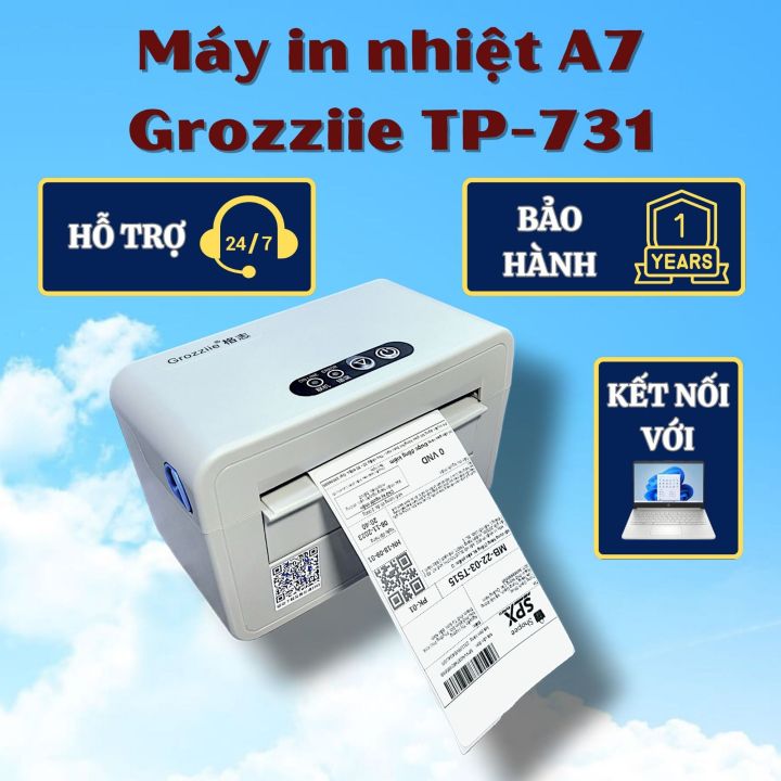 Máy in nhiệt Grozziie TP-731, kết nối Usb với máy tính, khổ A7, in đơn ...