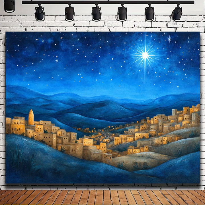 A 2D flat photography background of the Nativity scene on a starry ...