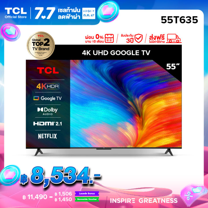 TCL ทีวี 55 นิ้ว LED 4K UHD Google TV รองรับ WiFi รุ่น 55T635 ระบบ ...