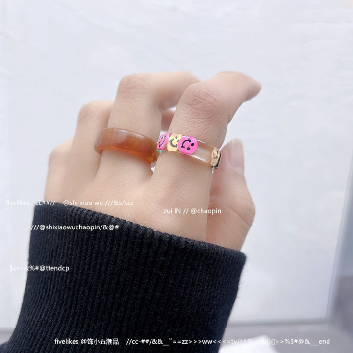 Acrylic-Based Resin Smiley Ring Female Retro Set Stylish Color ...