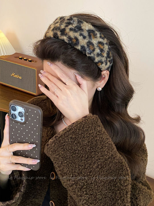 High-end Leopard Print Woolen Wide Edge Headband High Forehead Everyday ...