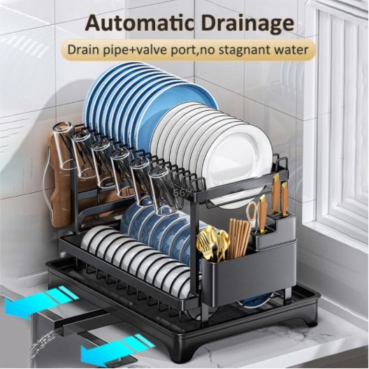 HYM 2 Tiers Dish Rack With Drainer Organizer Cabinet Kitchen Plates ...