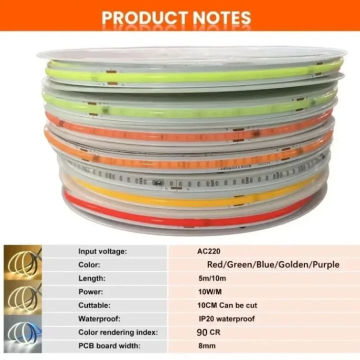 Warm Ice Blue Linear Lighting 220V COB LED Strip 10~0.5M/Roll Flexible ...