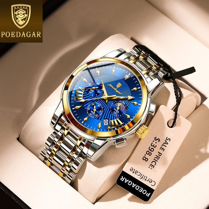 POEDAGAR chronograph watch for men waterproof 2025 new multifunctional stainless steel sapphire ...
