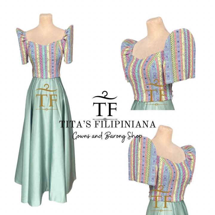 Modern Filipiniana Rainbow and Pleated Skirt Sage Green | Lazada PH