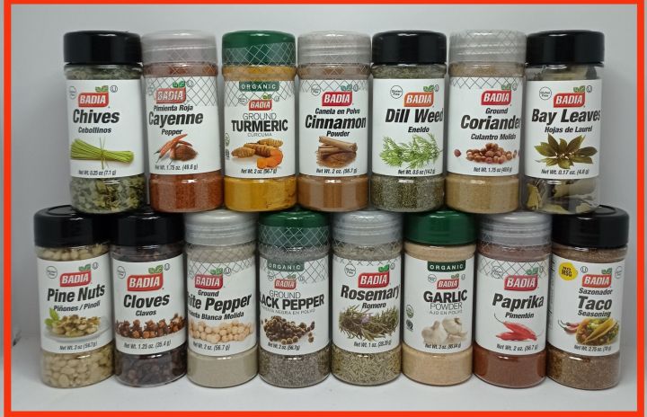 BADIA Ground Coriander (49.6g),Cinnamon Powder(56.7g),Taco(78g),Chives ...