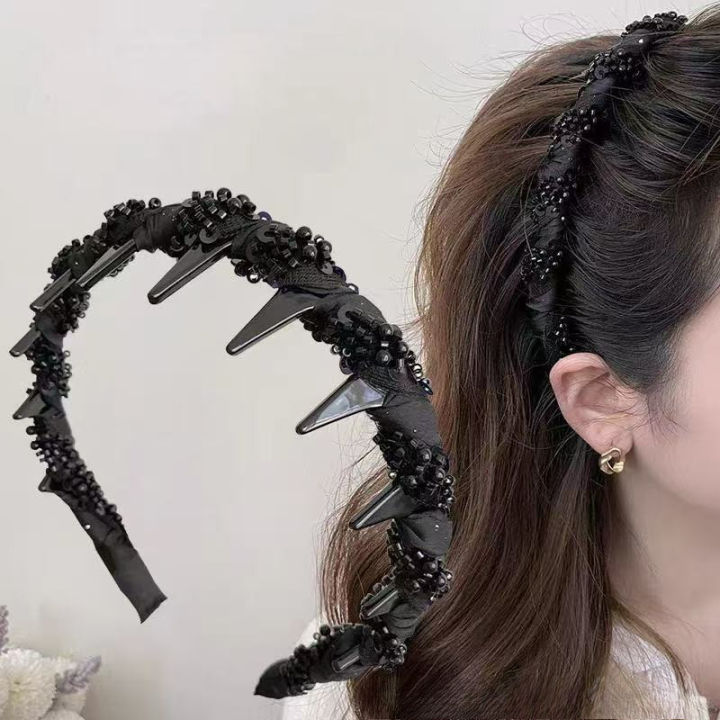 Black Beaded Wrap Headband Korean Fashion Toothed Hair Band Hair ...