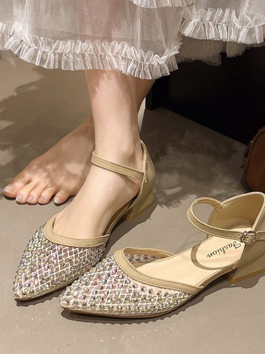 2025 New French Pointed Toe Net Weave Thick Heel Sandals Women Summer ...