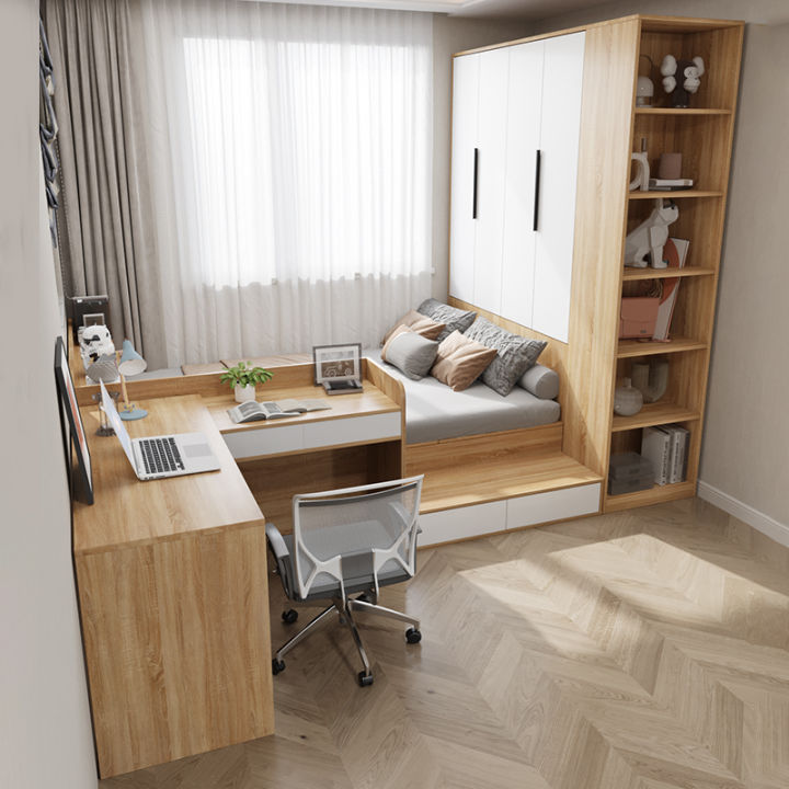 Small Apartment High Box Tatami with Desk Bed Wardrobe Integrated Bed ...