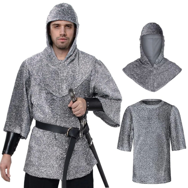 Renaissance Faux Chain Mail Armor Tunic Shirt Coif Medieval Knight Cowl ...