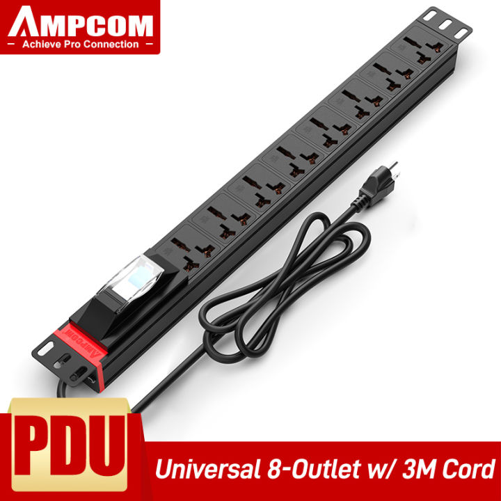 AMPCOM Universal PDU Power Strip Switcher 8 Outlets 1U 220-250V 10/16A Copper Material with ...