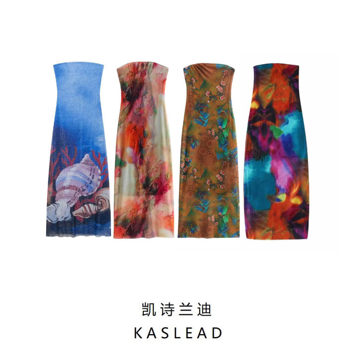 KASLEAD เสื้อผ้าผู้หญิงแฟชั่นใหม่ ทรงเข้ารูปพิมพ์ลายผ้าไหม ชุดเดรสเกาะ ...