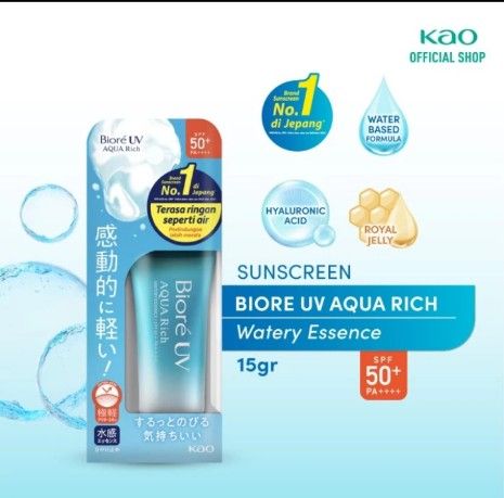 Biore UV rich watery essence sunscreen SPF 50 PA++++ kemasan tube 15 gr ...