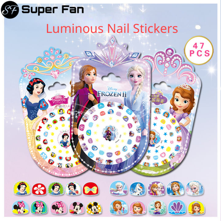 (Super Fan) Luminous Nail Stickers Cartoon Frozen Princess Nail Sticker ...