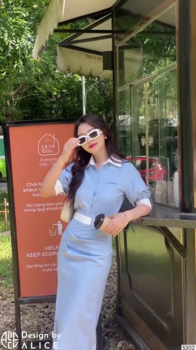 Set Công Sở Áo Sơ Mi Cộc Tay Phối Chân Váy Bút Chì Xẻ Tà ALICE Tay Bồng ...