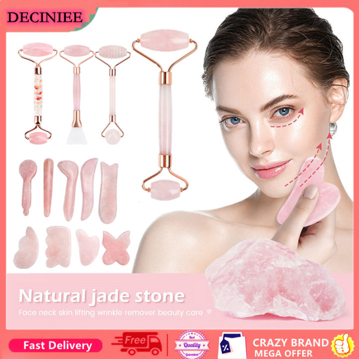 DECINIEE Natural Rose Quartz Jade Roller Guasha Stone Board Massage Gua ...
