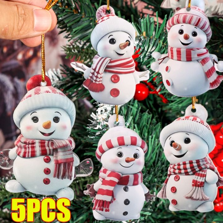 5Pcs Christmas Santa Claus Snowman Pendants Acrylic Cartoon Xmas Tree ...