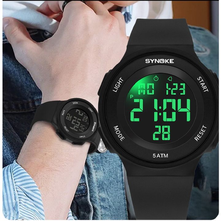 นาฬิกากีฬา synoke สำหรับทั้งชายและหญิง Jam Tangan elektronik นักเรียนกันน้ำสำหรับกีฬาทหารมัลติฟั ...