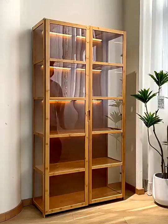 Bamboo Display Cabinet Home Storage Cabinet Transparent Glass Acrylic ...