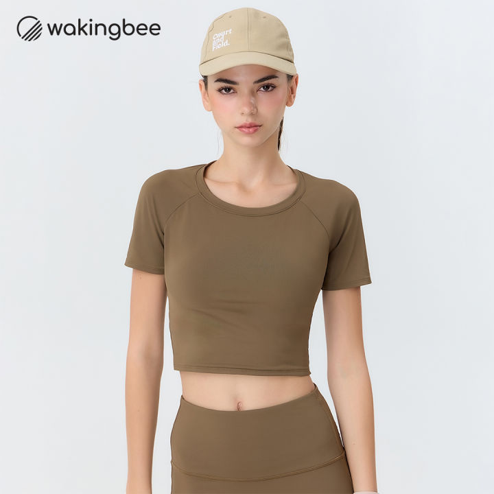 Wakingbee Barre Bratop (Walnut) บราท้อปออกกำลังกาย มีฟองน้ำในตัว ทรงคร้อป แขนสั้น ผ้ากระชับ ...