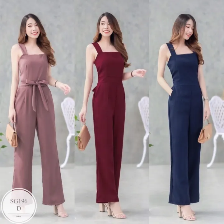 ML196 Jumpsuit จั้มสูทสายเดี่ยว ขายาว ผ้าซาร่าสีพื้น แขนกุด มีซิปซ่อน ...
