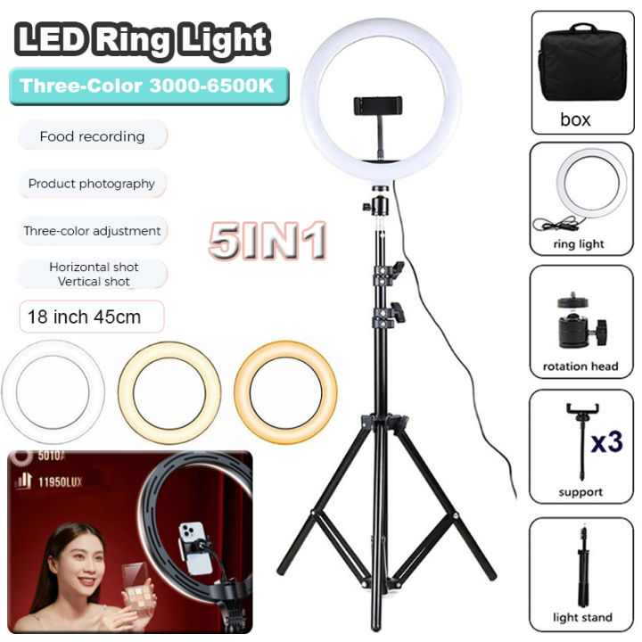 5IN1 18 inch 45cm LED Ring Light 210cm tripodStand Adjustable Fill Light Video and 3*Cellphone ...