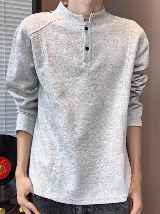 Cleanfit คอกลมแขนยาวสีเทา ทรงหลวม ฤดูใบไม้ร่วง 2025 แบรนด์ Yulin สำหรับผู้ชาย เสื้อโปโลแขนยาวลาย ...