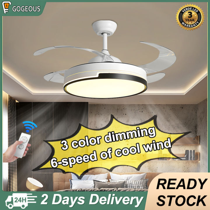 Gogeous ceiling fan with light 3 color dimming 6 speed wind 42 inch 360 ...