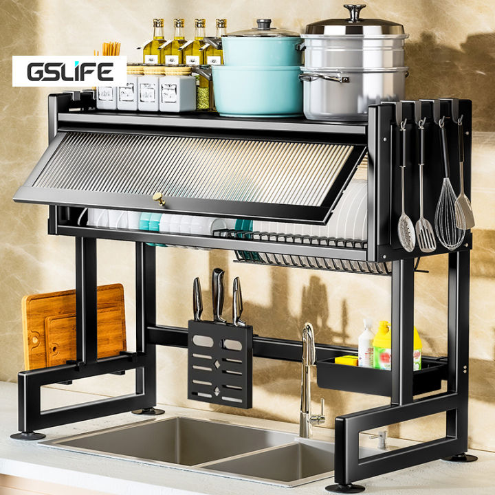GSlife Metal Dish Cabinet Rack Dustproof Sink Rack With Cabinet Door ...