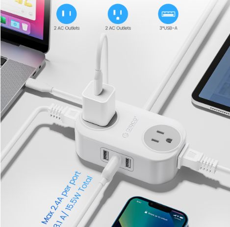 ORICO Travel Power Strip with USB C AC Outlets USB Ports Wrapped Flat ...