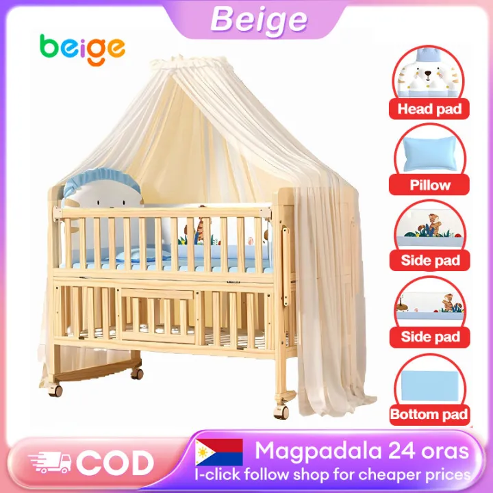 Beige Baby Crib Baby Solid Wood Multifunctional with Mosquito Net ...