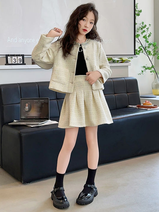 ชุดกระโปรงจีบสองชิ้นสำหรับเด็กผู้หญิง ฤดูใบไม้ร่วง 2025 คอตตอนหนา เสื้อ ...