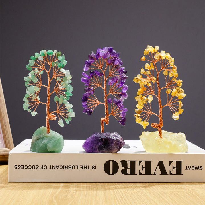 1 Piece Natural Gemstone Crystal Lucky Tree Decoration with Raw Stone ...