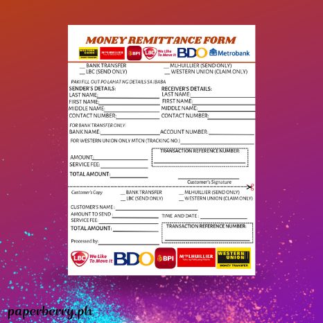Remittance Receipt / Money Remittance Receipt non/Costumized | Lazada PH