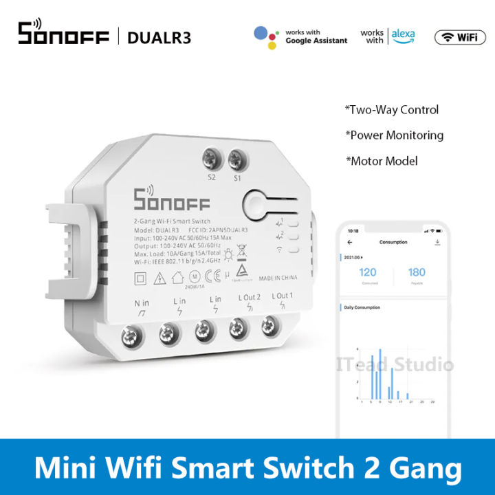 ITEAD SONOFF DUALR3 15A Wifi Switch Power Monitoring 2 Gang Smart Switch 2-Way Control Light ...