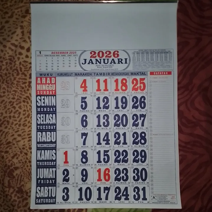 kalender kerja 2026 jumbo sedang Medium kecil A3 Jawa wuku Hijriyah ...