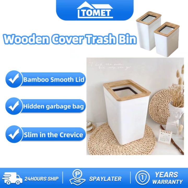 Tomet 9L Muji Style Trash Can with Cover White Trash Bin with Wooden ...
