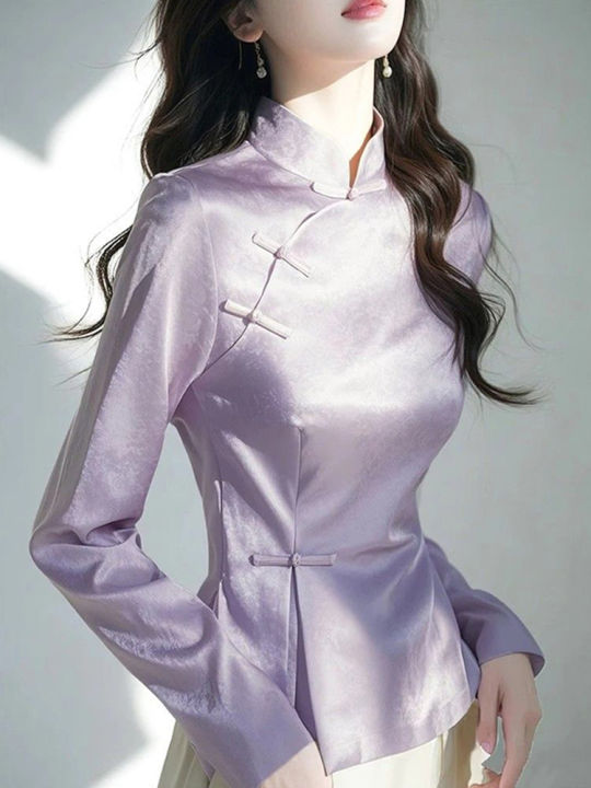 Retro Chinese Style Purple Silk Shirt Women's Spring 2025 Stand Collar ...